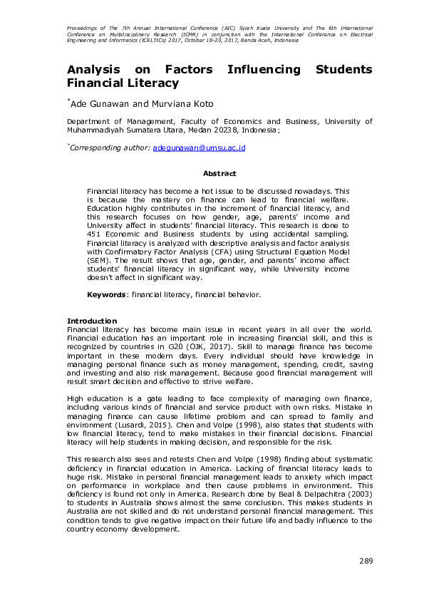 (PDF) Analysis on factors influencing students financial literacy