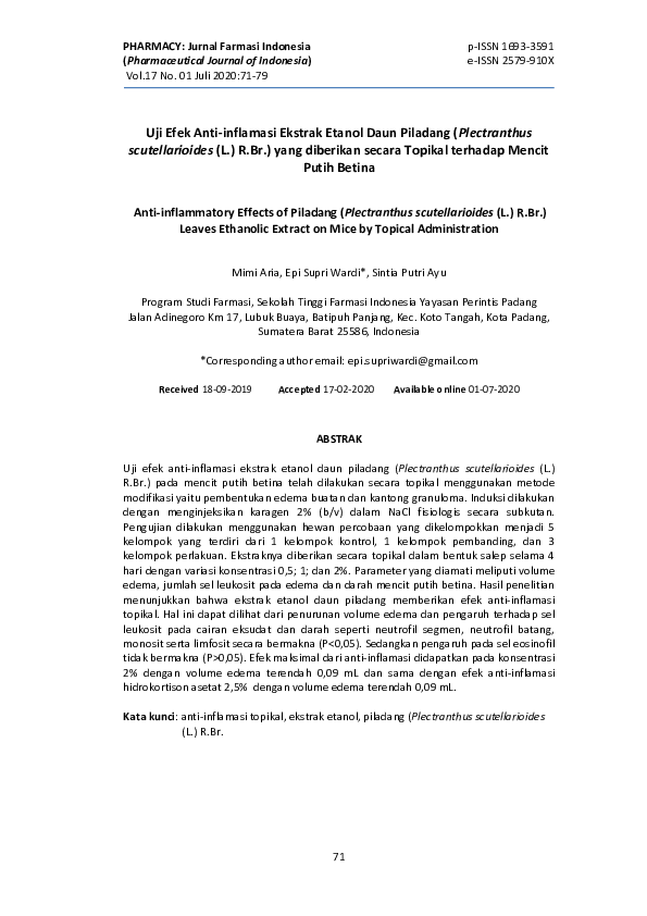(PDF) Uji Efek Anti-inflamasi Ekstrak Etanol Daun Piladang (Plectranthus scutellarioides (L.) R ...