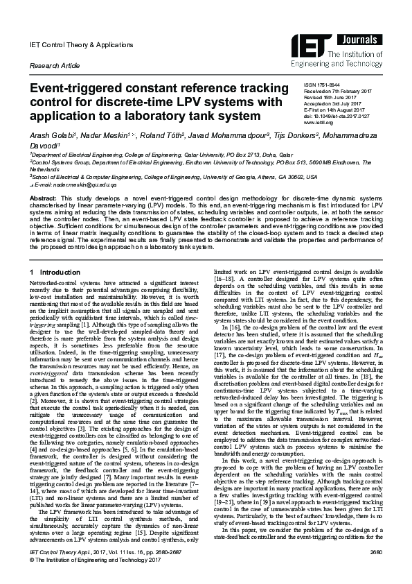 (PDF) Event-triggered constant reference tracking control for discrete-time LPV systems with ...