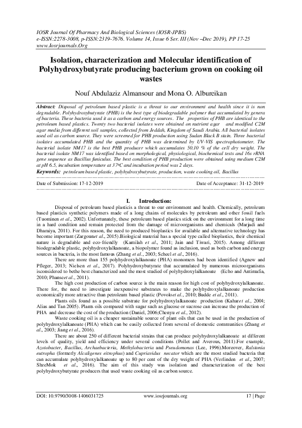 (PDF) Isolation, characterization and Molecular identification of Polyhydroxybutyrate producing ...