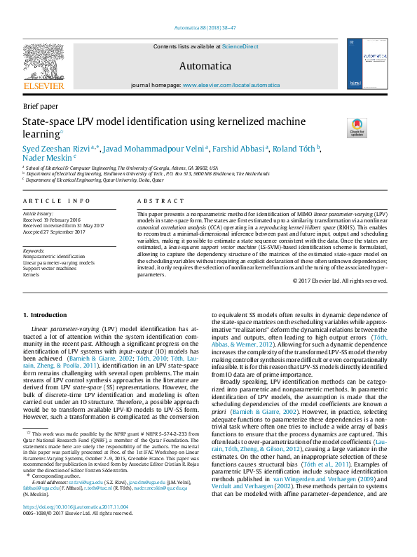 (PDF) State-space LPV model identification using kernelized machine learning