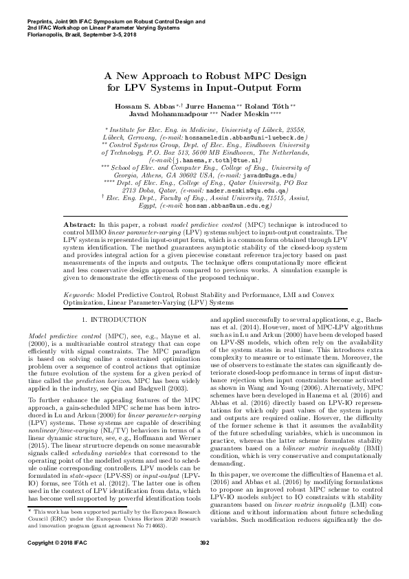 Pdf A New Approach To Robust Mpc Design For Lpv Systems In Input