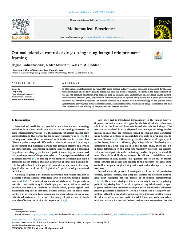 (PDF) Optimal Adaptive Control of Drug Dosing Using Integral Reinforcement Learning