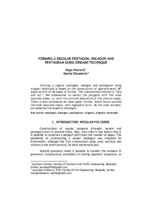 (PDF) Forming a regular pentagon, decagon and pentagram using origami ...