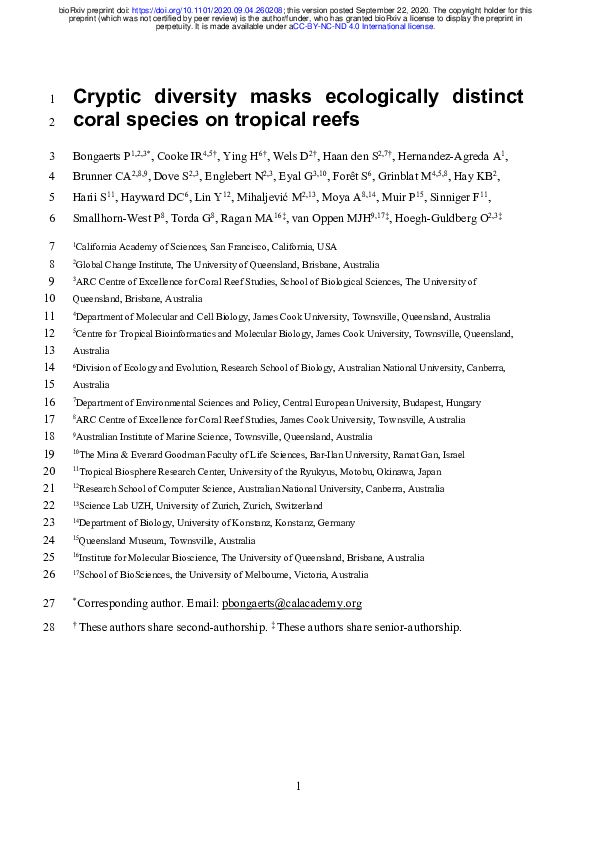 (PDF) Cryptic diversity masks ecologically distinct coral species on ...