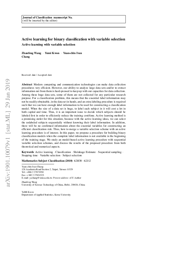 (PDF) Active learning for binary classification with variable selection