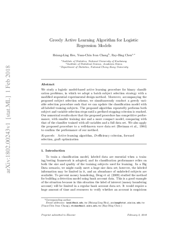 Pdf Greedy Active Learning Algorithm For Logistic Regression Models