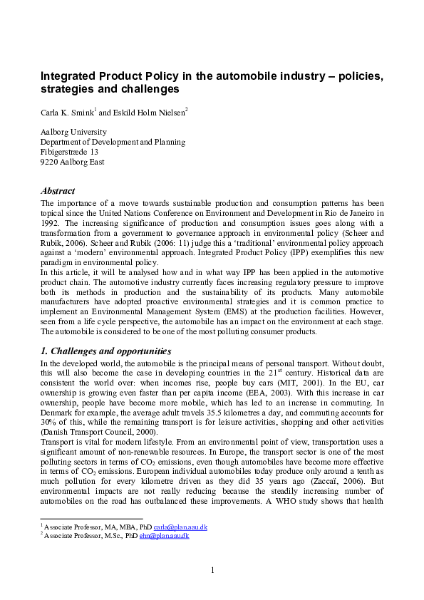 (PDF) Integrated Product Policy in the automobile industry | Carla ...