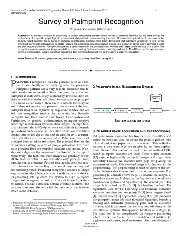 Pdf Survey Of Palmprint Recognition
