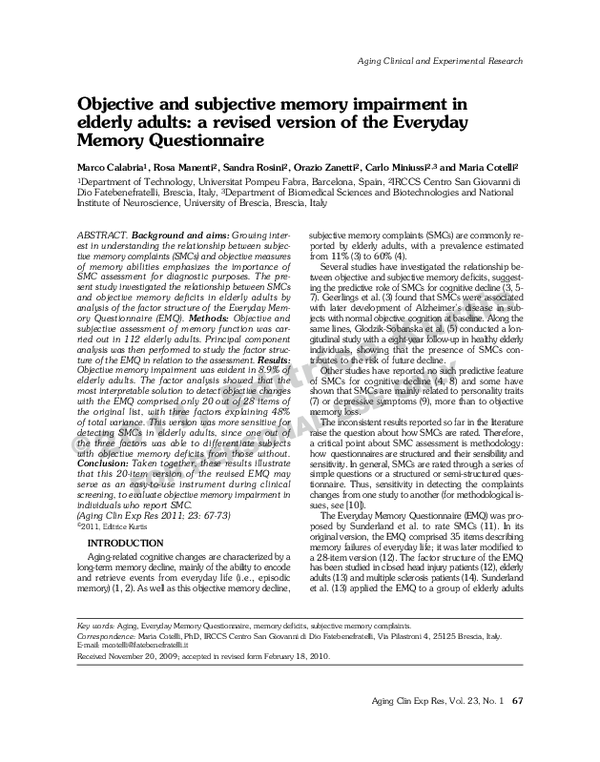(PDF) Objective and subjective memory impairment in elderly adults: a ...