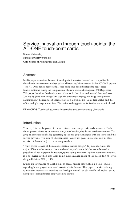 (PDF) Service innovation through touch-points: the AT-ONE touch-point cards
