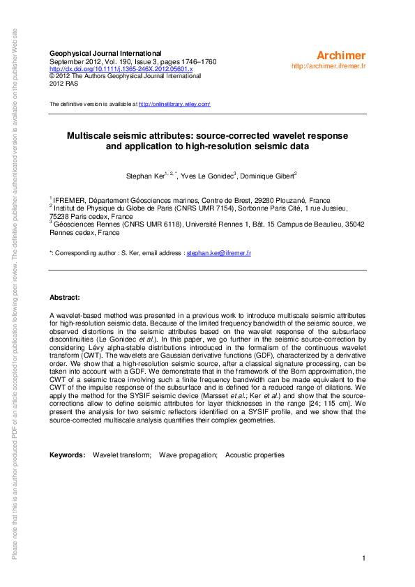 Pdf Multiscale Seismic Attributes Source Corrected Wavelet Response And Application To High
