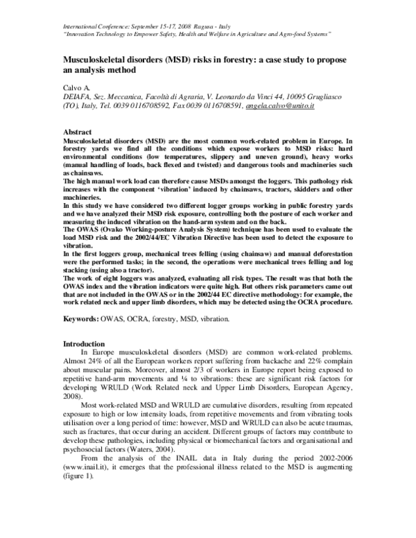 (PDF) Musculoskeletal disorders (MSD) risks in forestry: a case study ...