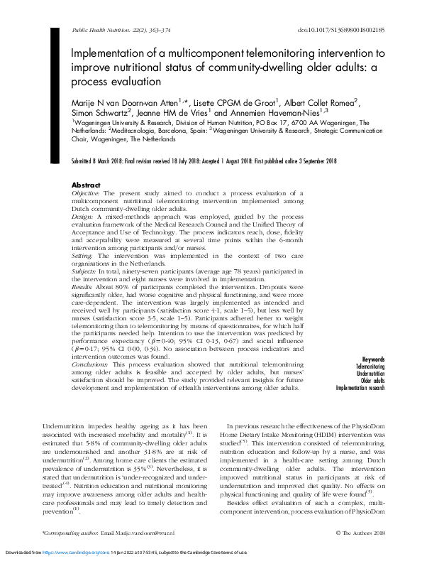 (PDF) Implementation of a multicomponent telemonitoring intervention to improve nutritional ...