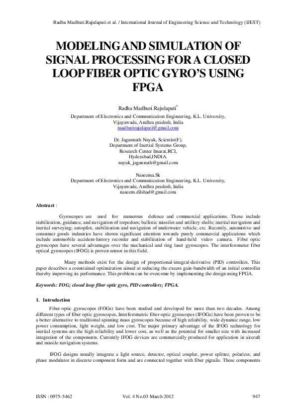 (PDF) Modeling and Simulation of Signal Processing for a Closed Loop Fiber Optic Gyro's Using Fpga