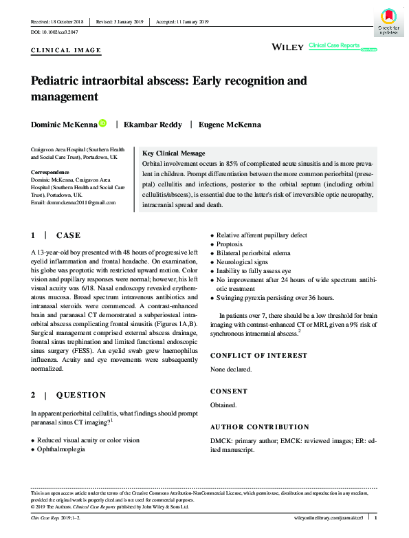(PDF) Pediatric intraorbital abscess: Early recognition and management
