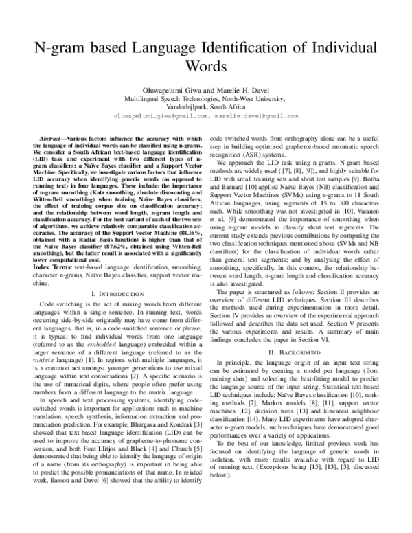 (PDF) N-gram based language identification of individual words