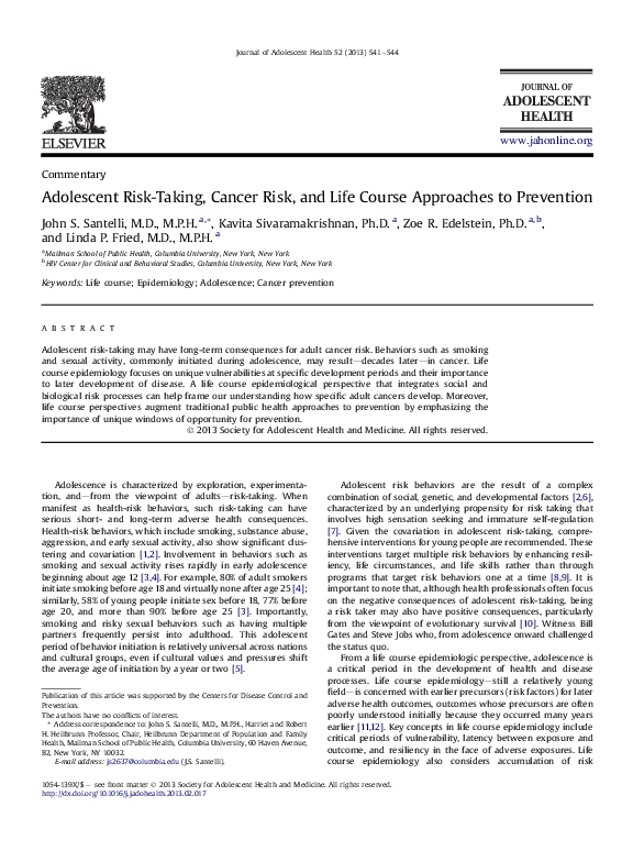 (PDF) Adolescent Risk-Taking, Cancer Risk, and Life Course Approaches ...