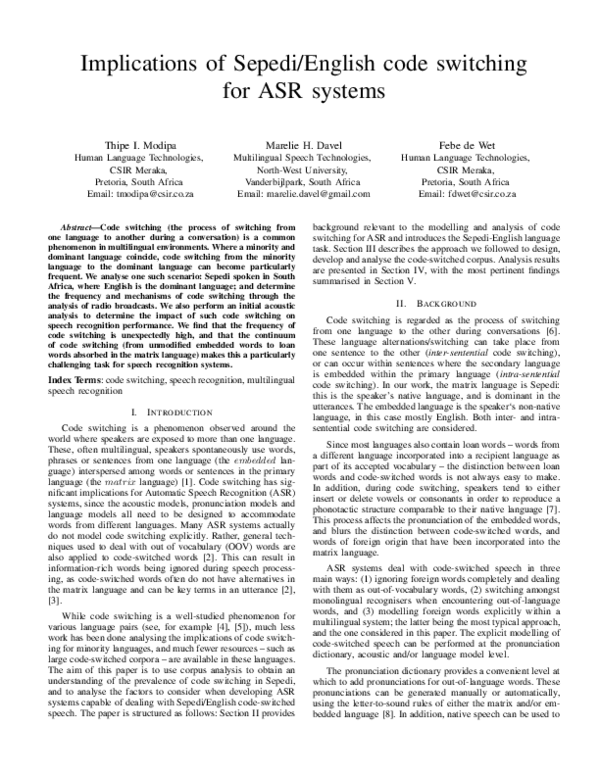 (PDF) Implications of Sepedi/English code switching for ASR systems