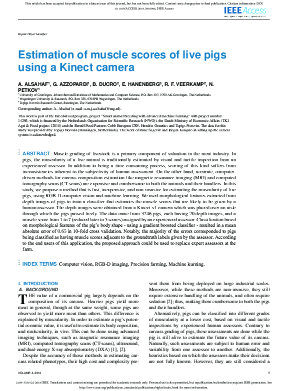 (PDF) Estimation of muscle scores of live pigs using a Kinect camera