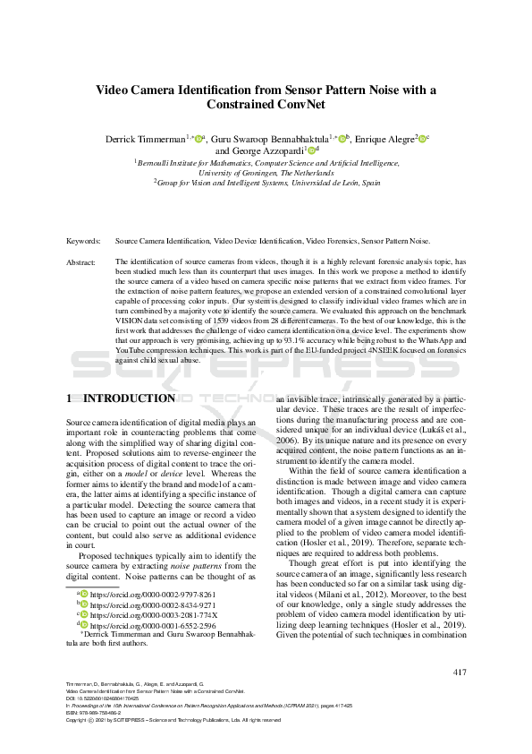 (PDF) Video Camera Identification from Sensor Pattern Noise with a Constrained ConvNet