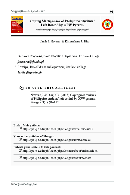 (PDF) Coping Mechanisms of Philippine Students’ Left Behind by Ofw Parents