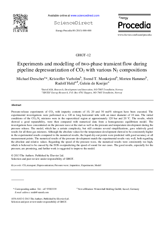 (PDF) GHGT-12 Experiments and modelling of two-phase transient flow during pipeline ...