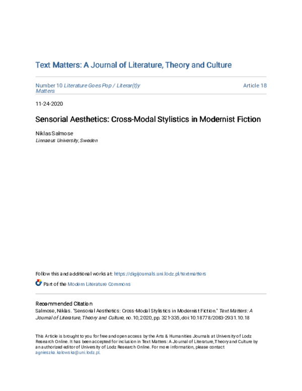(PDF) Sensorial Aesthetics: Cross-Modal Stylistics in Modernist Fiction