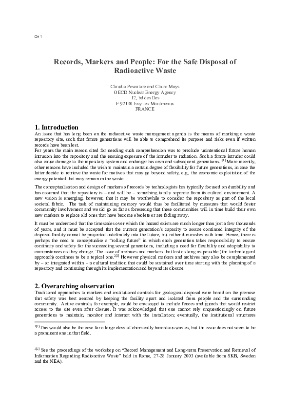 (PDF) Records, Markers and People: For the Safe Disposal of Radioactive ...