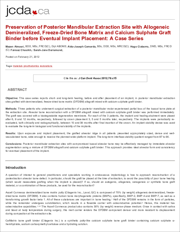 (PDF) Mandibular Extraction Site Preservation with DFDBM