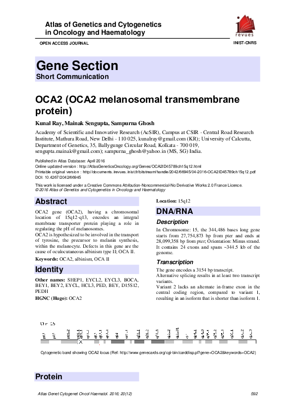 (PDF) OCA2 (OCA2 melanosomal transmembrane protein) | Mainak Sengupta ...
