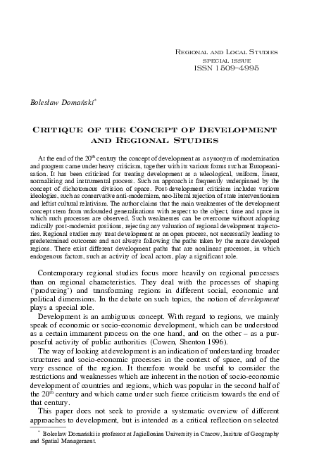 (PDF) Critique of the Concept of Development and Regional Studies