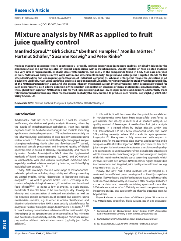 (PDF) Mixture analysis by NMR as applied to fruit juice quality control