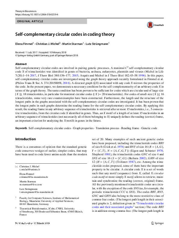 (PDF) Graph Theory Insights into Self-Complementary Circular Codes