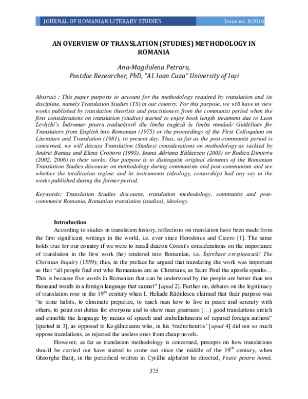 (PDF) An Overview of Translation (Studies) Methodology in Romania