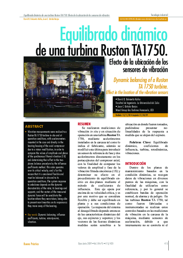 (PDF) Equilibrado Dinamico De Una Turbina Ruston TA1750. Efecto De La ...