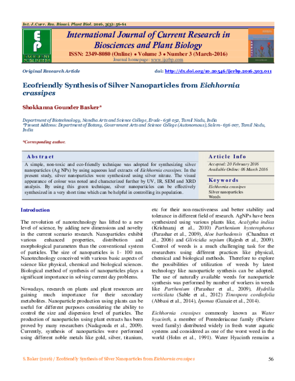 (PDF) Eco-Friendly Synthesis of Silver Nanoparticles using Ventilago maderaspatana (GAERTN ...