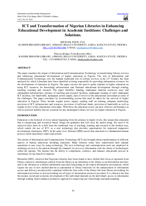 (PDF) ICT and Transformation of Nigerian Libraries in Enhancing ...