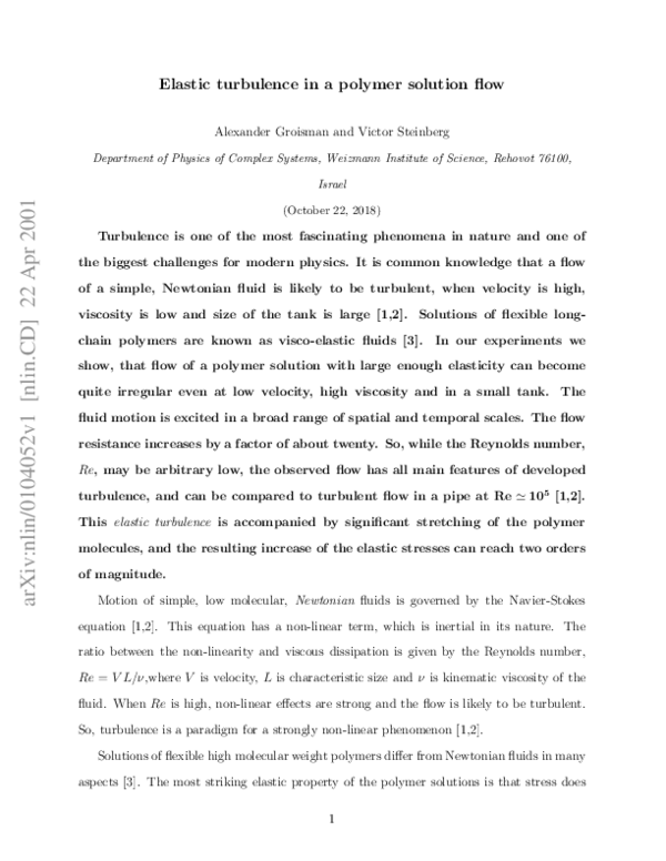(PDF) Elastic turbulence in a polymer solution flow