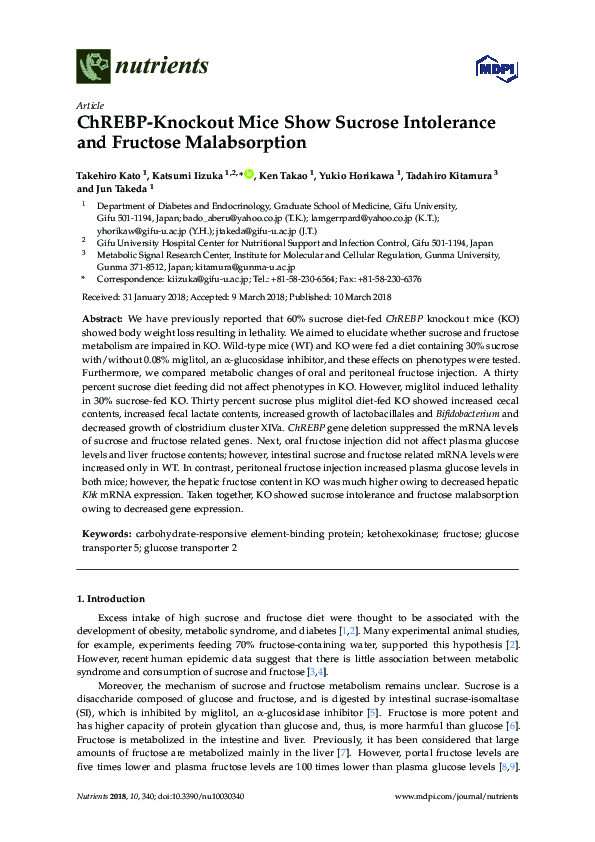 (PDF) ChREBP-Knockout Mice Show Sucrose Intolerance and Fructose ...