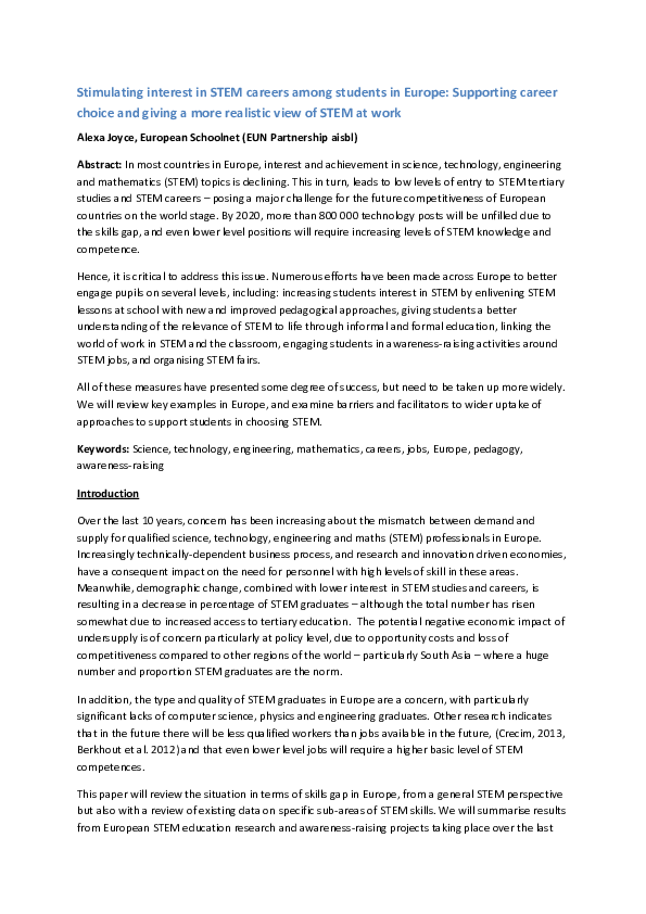 (PDF) Stimulating interest in STEM careers among students in Europe ...