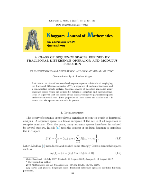 (PDF) A Class of Sequence Spaces Defined by Fractional Difference Operator and Modulus Function