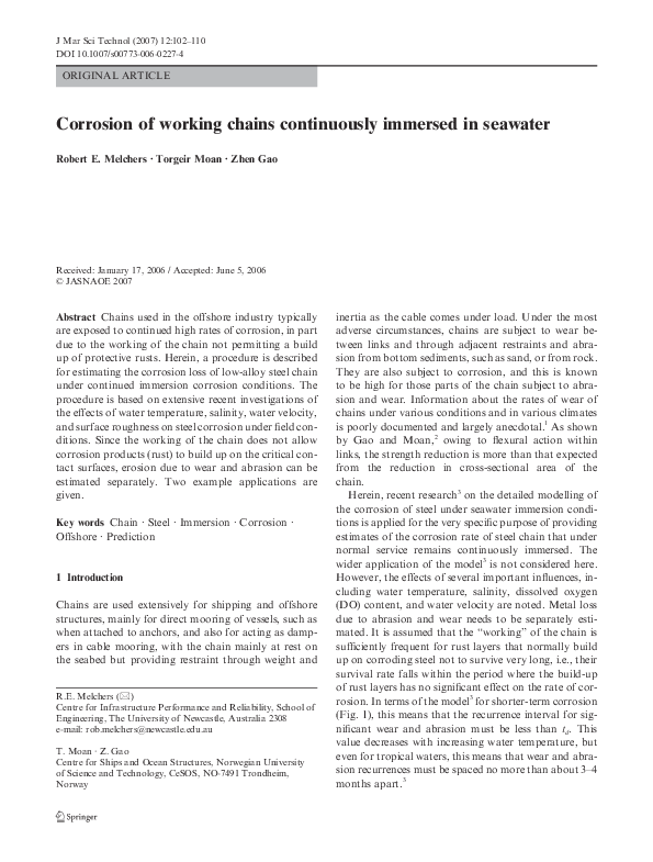 (PDF) Corrosion of working chains continuously immersed in seawater