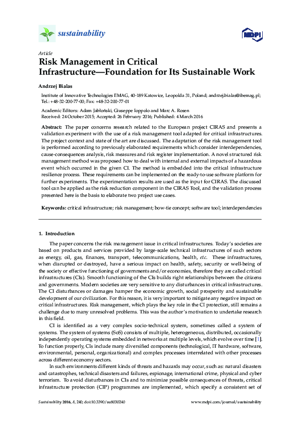 (PDF) Risk Management in Critical Infrastructure—Foundation for Its Sustainable Work