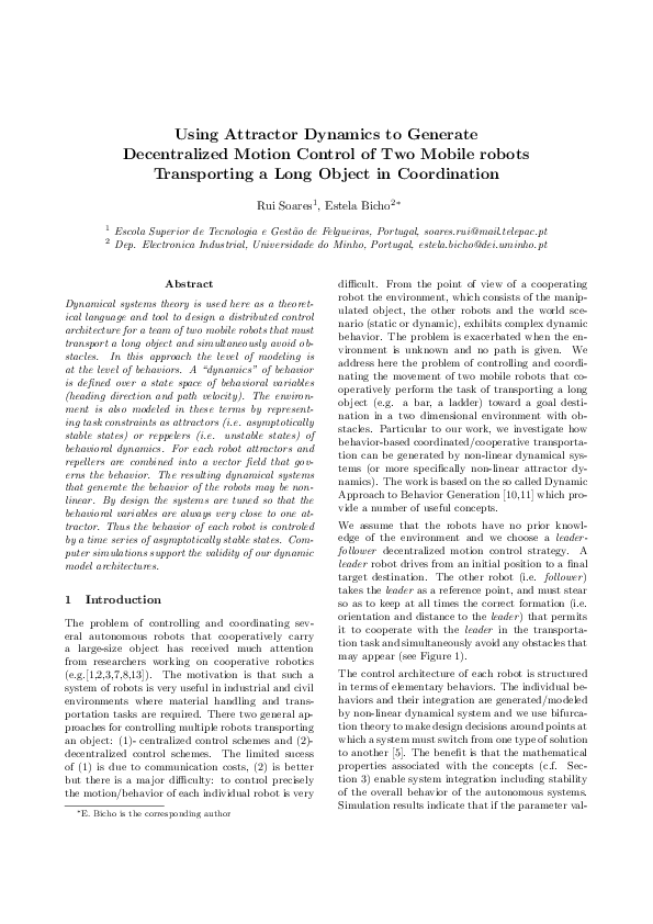 Pdf Using Attractor Dynamics To Generate Decentralized Motion Control Of Two Mobile Robots