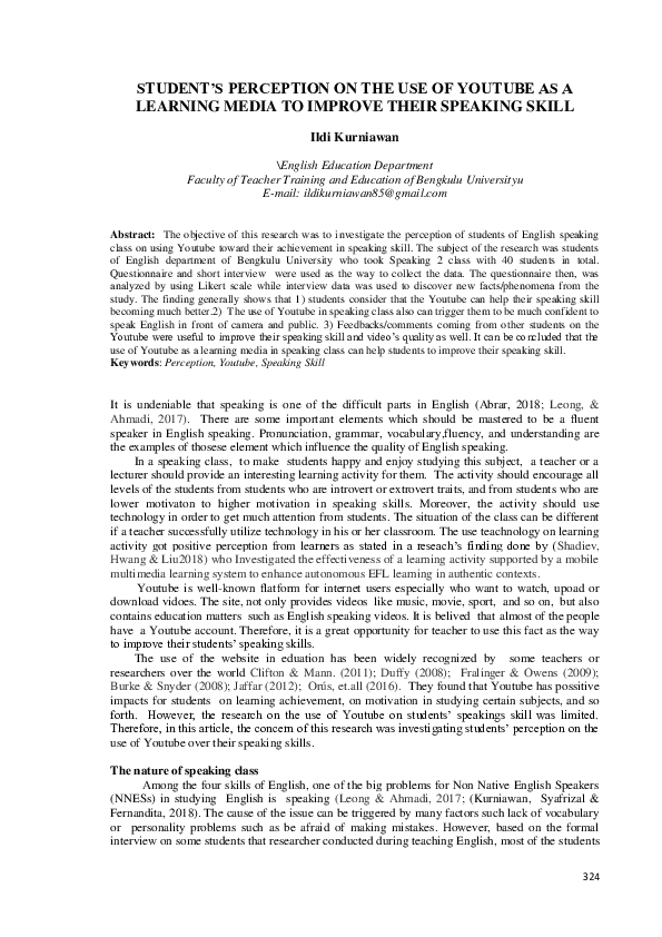 (PDF) Student’s Perception on the Use of Youtube as a Learning Media to Improve Their Speaking Skill
