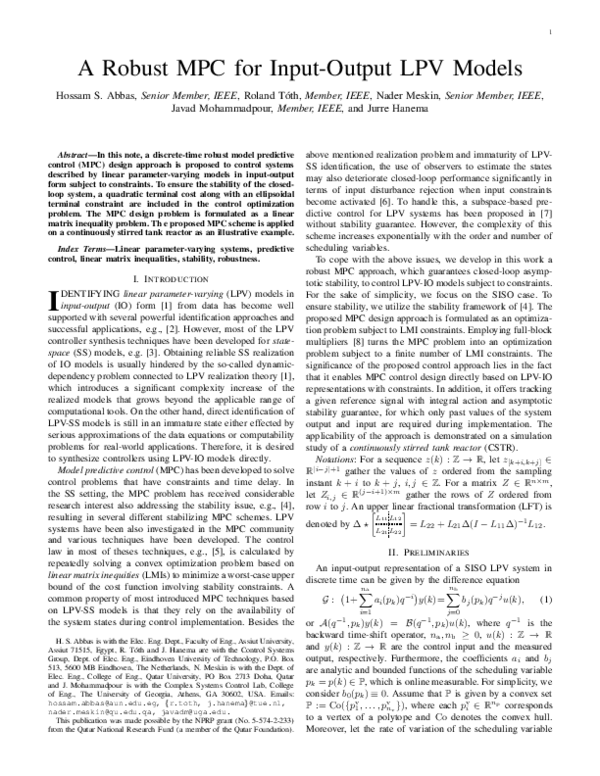 Pdf A Robust Mpc For Input Output Lpv Models Hossam Abbas