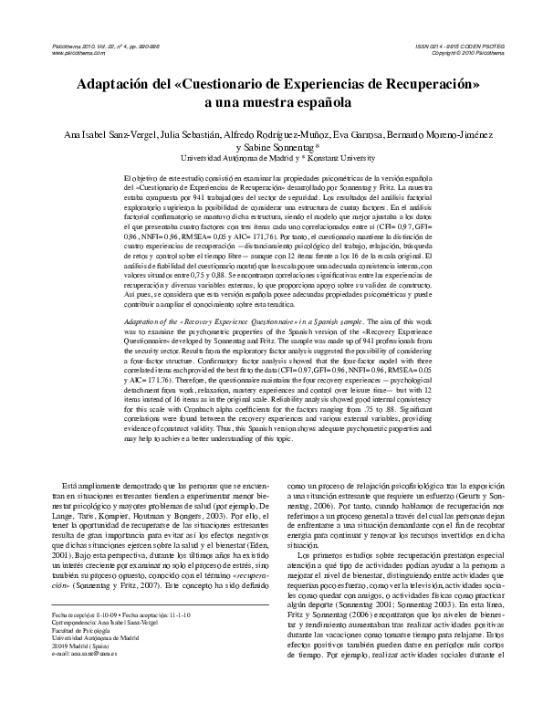 (PDF) [Adaptation of the "Recovery Experience Questionnaire" in a ...