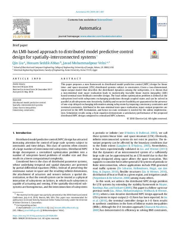 (PDF) An LMI-based approach to distributed model predictive control design for spatially ...