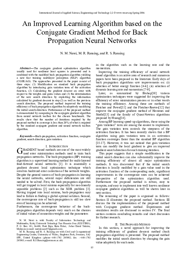 (PDF) An Improved Learning Algorithm based on the Conjugate Gradient Method for Back Propagation ...